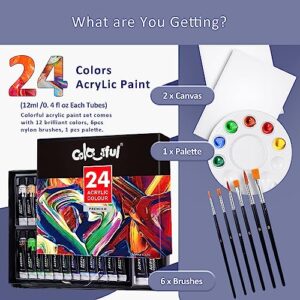 Colorful Acrylic Paint Set for Kids Crafts, 24 Colors Acrylic Art Supplies Paint with 6 Brushes &1 Palette Acrylic Crafts Paint Kit, Non-Toxic Wood Paint Kits for Kids, Beginners