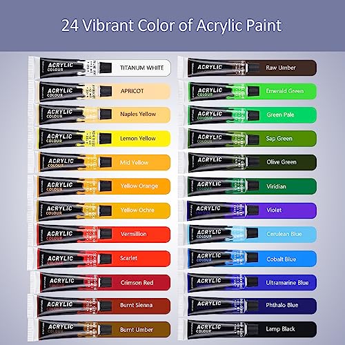 Colorful Acrylic Paint Set for Kids Crafts, 24 Colors Acrylic Art Supplies Paint with 6 Brushes &1 Palette Acrylic Crafts Paint Kit, Non-Toxic Wood Paint Kits for Kids, Beginners