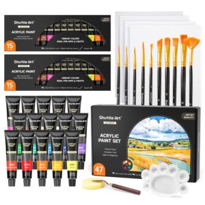 47 pack acrylic paint set, shuttle art 15 colours (12ml each, 2pack) acrylic paint with 10 brushes painting canvas knife palette sponge, complete gift set for kids, adults painting canvas, ceramic