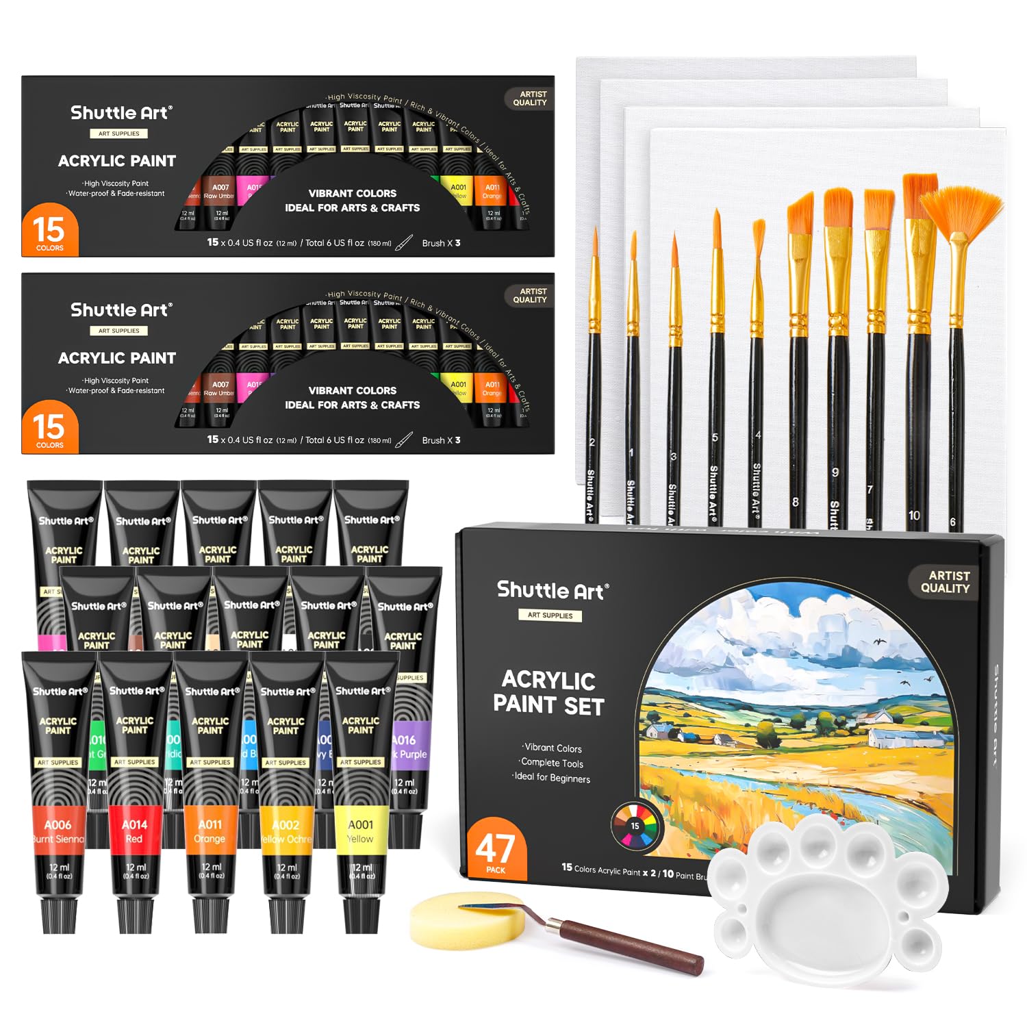 47 Pack Acrylic Paint Set, Shuttle Art 15 Colours (12ml Each, 2Pack) Acrylic Paint with 10 Brushes Painting Canvas Knife Palette Sponge, Complete Gift Set for Kids, Adults Painting Canvas, Ceramic