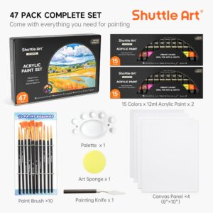 47 Pack Acrylic Paint Set, Shuttle Art 15 Colours (12ml Each, 2Pack) Acrylic Paint with 10 Brushes Painting Canvas Knife Palette Sponge, Complete Gift Set for Kids, Adults Painting Canvas, Ceramic