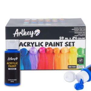 artkey acrylic paint set - 24 colors 2oz/59ml acrylic paints professional artists painting kit for canvases fabric rock leather easter egg wood ceramic glass art craft painting