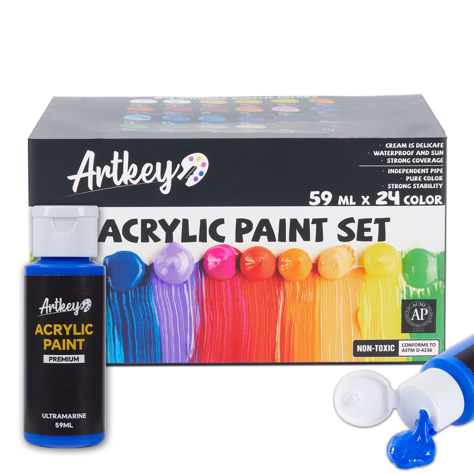 Artkey Acrylic Paint Set - 24 colors 2oz/59ml Acrylic Paints Professional Artists Painting Kit for Canvases Fabric Rock Leather Easter Egg Wood Ceramic Glass Art Craft Painting