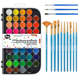 shuttle art 58 pack watercolor paint set, 48 colors watercolor pan with 10 paint brushes for beginners, artists, kids & adults to watercolor paint, bullet journal, calligraphy practice