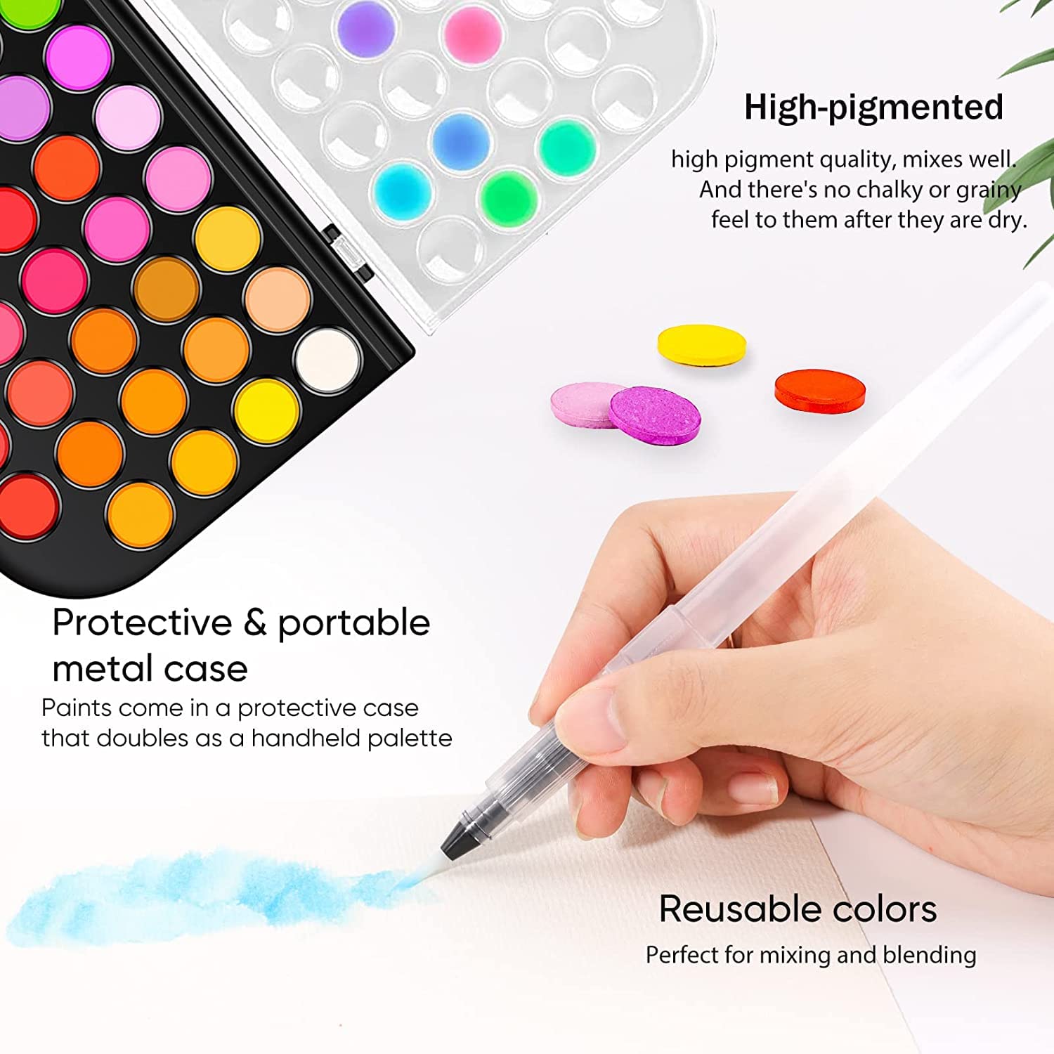 48-Color Watercolor Paint Set With Brush, Refillable Water Brush Pen, Palette, and Water-Washable Paints for Kids, Adults and Artists