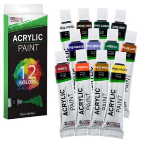 u.s. art supply professional 12 color set of acrylic paint in 12ml tubes - rich pigment vivid colors for artists, students, beginners, kids, adults - canvas, portrait paintings, wood, craft, hobby