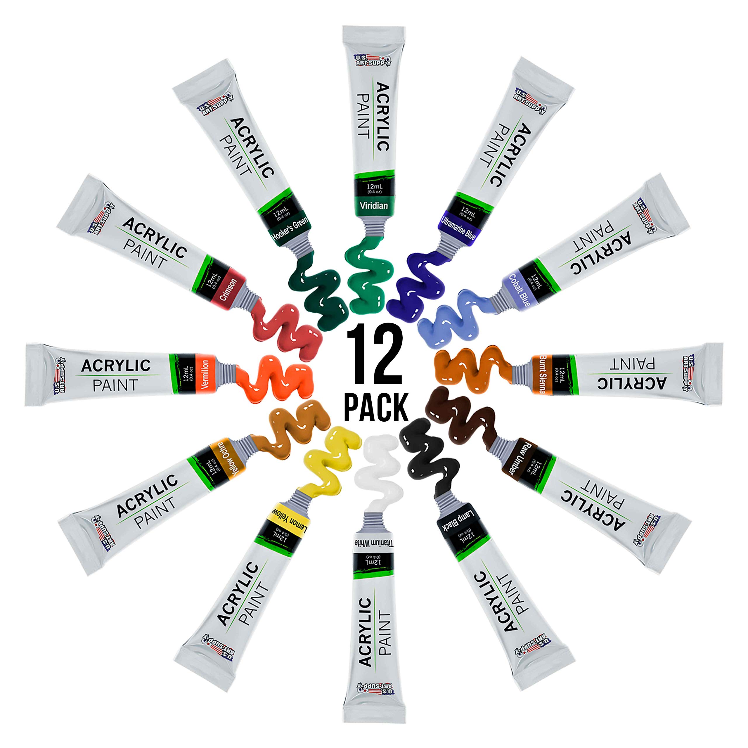 U.S. Art Supply Professional 12 Color Set of Acrylic Paint in 12ml Tubes - Rich Pigment Vivid Colors for Artists, Students, Beginners, Kids, Adults - Canvas, Portrait Paintings, Wood, Craft, Hobby