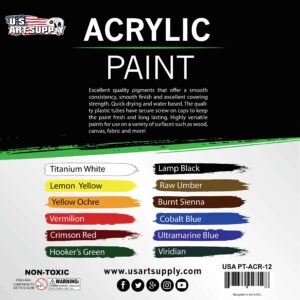 U.S. Art Supply Professional 12 Color Set of Acrylic Paint in 12ml Tubes - Rich Pigment Vivid Colors for Artists, Students, Beginners, Kids, Adults - Canvas, Portrait Paintings, Wood, Craft, Hobby