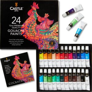 castle art supplies 24 piece gouache tube set | 24 x 12ml brilliant, opaque, water-based colors | versatile, easy to use for adult artists, beginners, professionals | in strong, neat presentation box