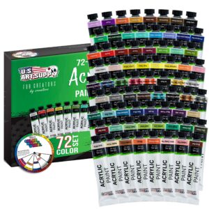 u.s. art supply professional 72 color set of acrylic paint in large 18ml tubes - rich vivid colors for artists, students, beginners - canvas portrait painting, wood, fabric, paper - color mixing wheel