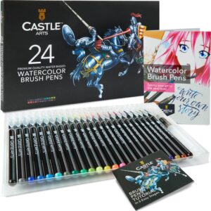 castle art supplies watercolor brush pens set | 24 lively colors, with flexible nylon tips | for adult coloring,painting, lettering – artists and beginners | travel case with extra water brush pen