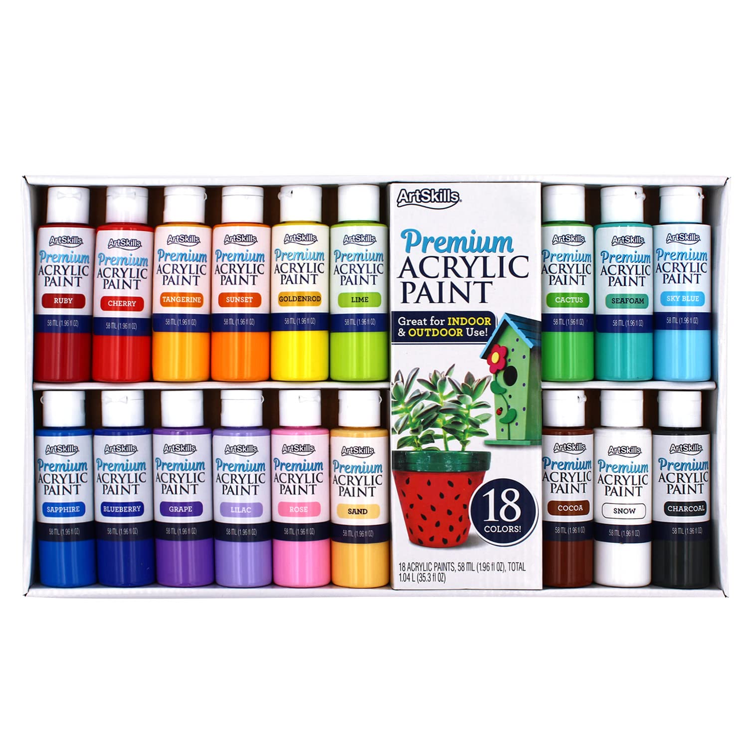 ArtSkills Acrylic Paint Set for Adults & Kids, Craft Paints for Artists & Beginners, Painting Supplies Kit for Canvas, Glass, Clay, Wood Arts, 18-ct