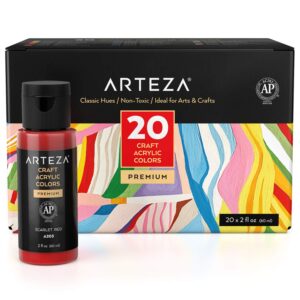 arteza craft acrylic paint, set of 20 classic colors, 2.02-oz 60 ml bottles, water-based acrylic craft paint for art & diy projects on glass, wood, ceramics, fabrics, paper & canvas