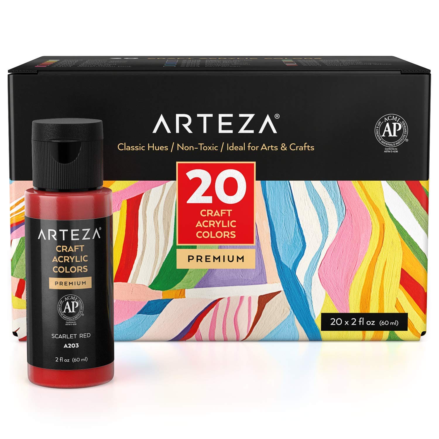 Arteza Craft Acrylic Paint, Set of 20 Classic Colors, 2.02-oz 60 ml Bottles, Water-Based Acrylic Craft Paint for Art & DIY Projects on Glass, Wood, Ceramics, Fabrics, Paper & Canvas