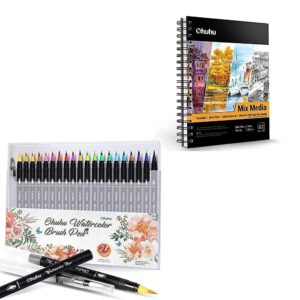 ohuhu watercolor brush markers pen set of 24, water based drawing marker brushes w/a water coloring brush+mix media pad, 10"×7.6" mixed media art sketchbook