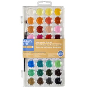 Artist's Loft 36 Color Watercolor Pan Set with Natural Hair Brush Necessities - Watercolor Set for Students, Teachers, Artists - 1 Pack