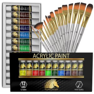 myartscape artist quality painting set - acrylic paint set - 12 x 12ml tubes - with premium set of 15 short handle art brushes for watercolor, acrylic & oil painting