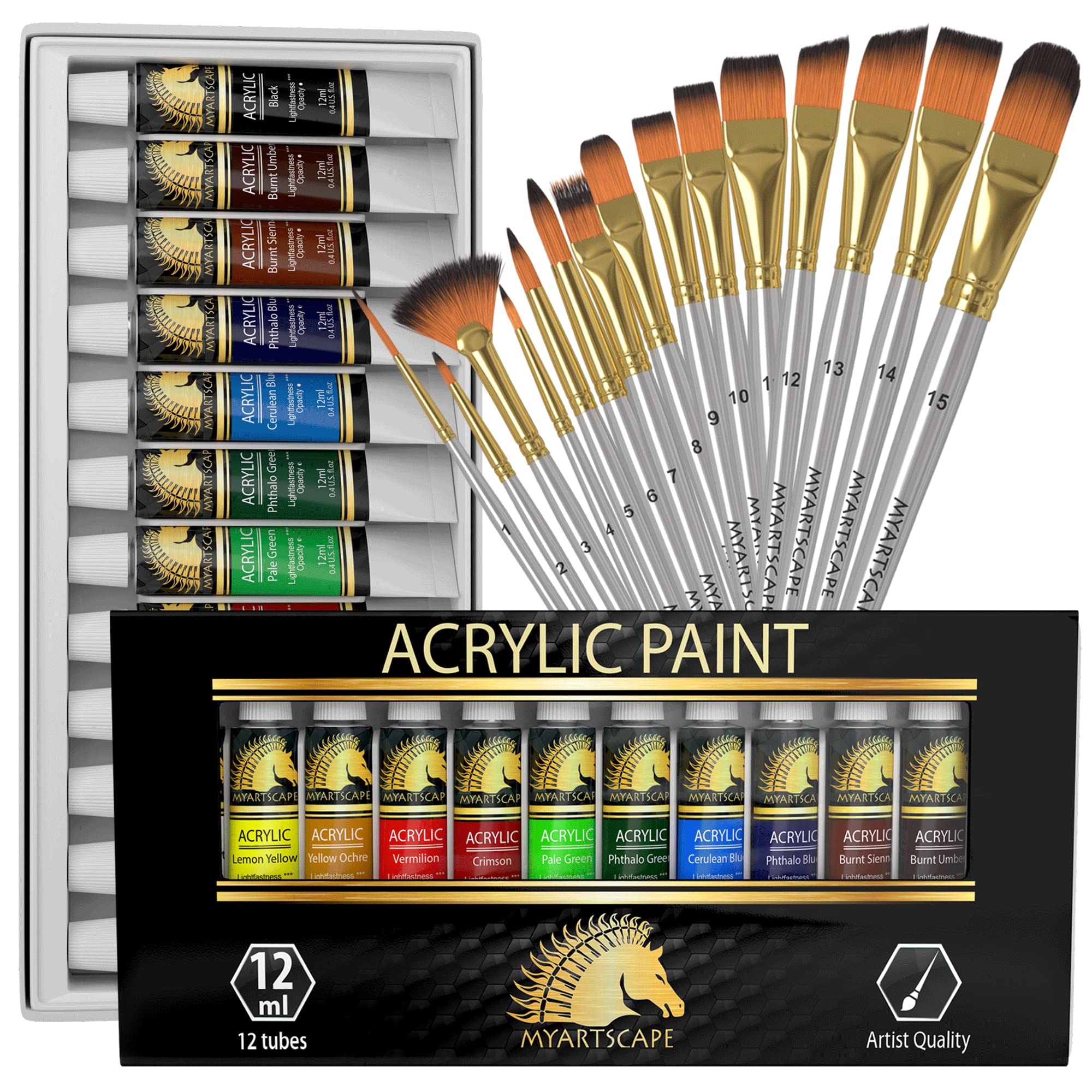 MyArtscape Artist Quality Painting Set - Acrylic Paint Set - 12 x 12ml Tubes - with Premium Set of 15 Short Handle Art Brushes for Watercolor, Acrylic & Oil Painting