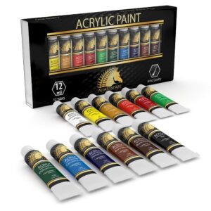 MyArtscape Artist Quality Painting Set - Acrylic Paint Set - 12 x 12ml Tubes - with Premium Set of 15 Short Handle Art Brushes for Watercolor, Acrylic & Oil Painting