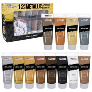 u.s. art supply professional 12 color set of metallic acrylic paint, large 75ml tubes - rich vivid pearl colors for artists, students, beginners - canvas, portrait paintings, wood - color mixing wheel