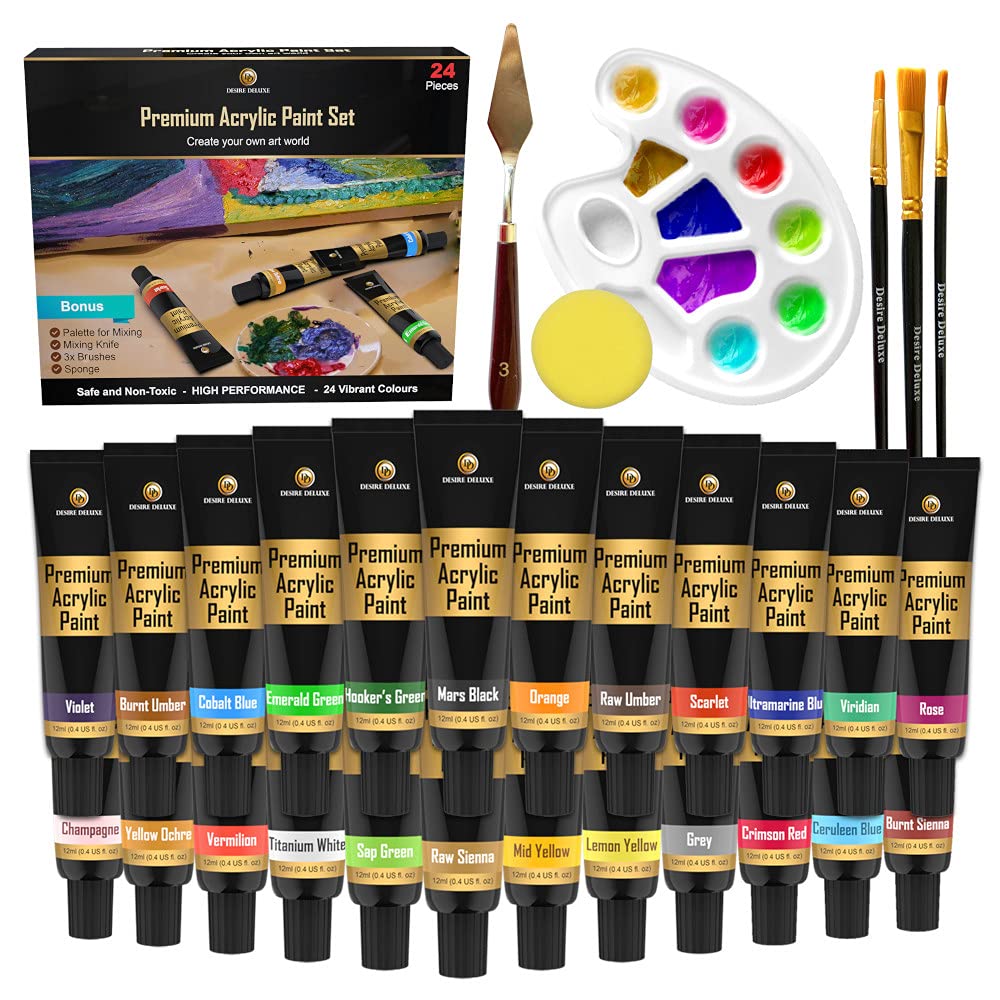 Desire Deluxe Acrylic Paint Set - Non Toxic Water Based Rock Painting Kit for Stone, Ceramic, Glass, Wood, Porcelain, Pebbles-Complete Craft Set