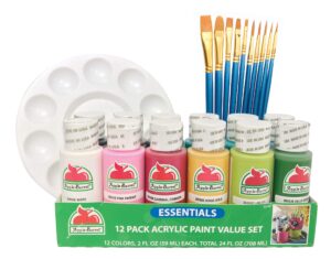 acrylic paint bundle set for adults & kids, 12 colors, 2 oz non toxic waterbased paints with 10 hand made all-purpose nylon hair brushes, and painting palette