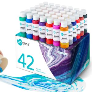 upgrey 42 colors acrylic pouring paint set, high flow, non toxic, pre-mixed, 60ml bottles, assorted colors with 4 white, for canvas, glass, paper, wood, diy