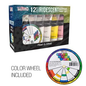 U.S. Art Supply Professional 12 Color Set of Iridescent Acrylic Paint, Large 75ml Tubes - Luminescent Special Effect Chameleon Color-Shifting Pearl Colors - Artists, Canvas Painting, Paper, Wood, Rock