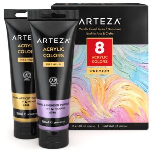 arteza pastel acrylic paint, set of 8, metallic tones, 4.06 fl oz tubes, high viscosity water-based paint, glossy finish, art supplies for painting paper, canvas, wood and fabric, and diy projects