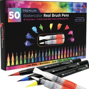 50 bonus pack watercolor brush pens combo pack, 48 colors 2 water brushes, flexible real nylon brush tips, for watercolor painting calligraphy coloring, beginner or artist, portable, low mess