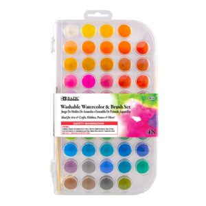 bazic watercolor w/ brush & mixing palette, 48 color non-toxic paint set, for hobby fun art supplies vibrant painting, gift for kids artists, 1-pack