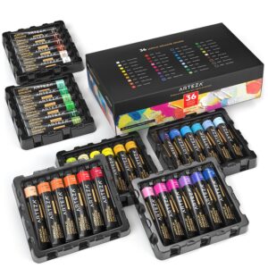 arteza acrylic gouache paint, acrylic paint set of 36 basic colors, matte finish, (0.74 oz, 22 ml) tubes, art supplies for professional artists and beginners