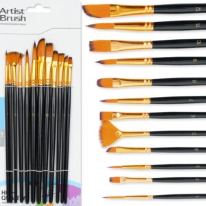 MAYYAYA 12 Pieces Crafts Artist Paint Brushes Set - Nylon Bristles with Round, Filbert, Flat, Fan, Angle, Fine Detail Brush for Artists and Beginners- Acrylic Painting, Oil, Watercolor (Black)