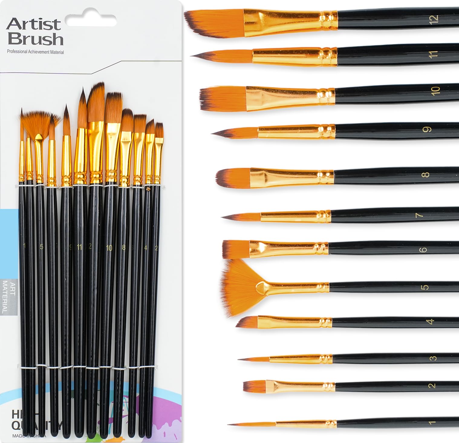 MAYYAYA 12 Pieces Crafts Artist Paint Brushes Set - Nylon Bristles with Round, Filbert, Flat, Fan, Angle, Fine Detail Brush for Artists and Beginners- Acrylic Painting, Oil, Watercolor (Black)