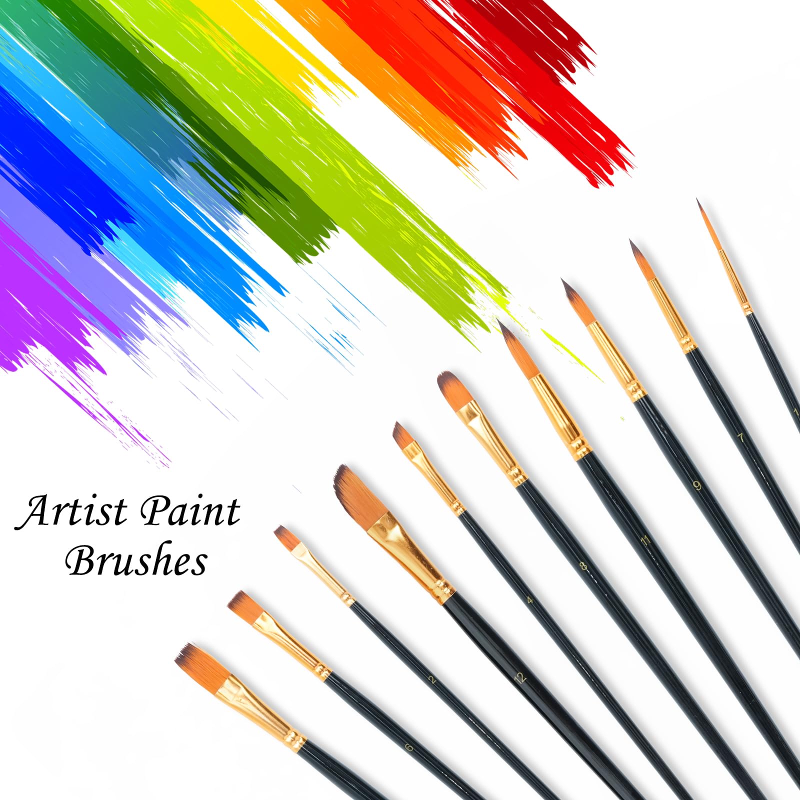 MAYYAYA 12 Pieces Crafts Artist Paint Brushes Set - Nylon Bristles with Round, Filbert, Flat, Fan, Angle, Fine Detail Brush for Artists and Beginners- Acrylic Painting, Oil, Watercolor (Black)