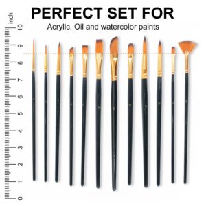 MAYYAYA 12 Pieces Crafts Artist Paint Brushes Set - Nylon Bristles with Round, Filbert, Flat, Fan, Angle, Fine Detail Brush for Artists and Beginners- Acrylic Painting, Oil, Watercolor (Black)