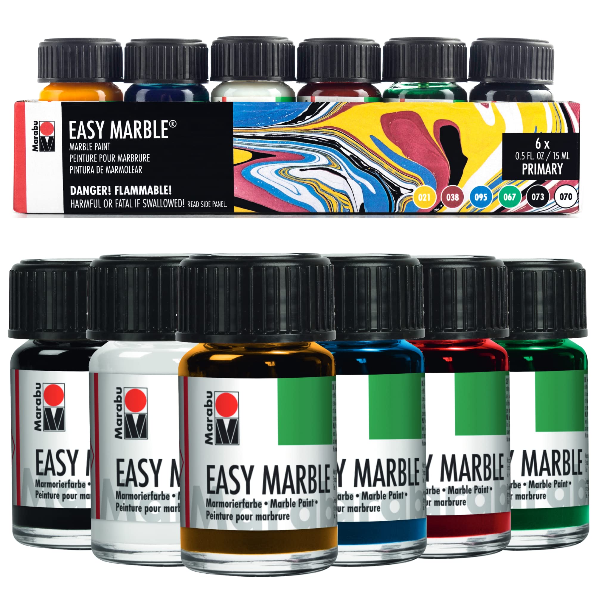 Marabu Easy Marble Paint Set - Primary Colors Starter Set - Marbling Paint Kit for Kids and Adults - Hydro Dipping Paint for Tumblers, Ceramic, Paper, Glass, Plastic - 6 x 15ml Bottles