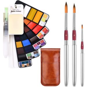 travel watercolor brushes,round extra long synthetic sable watercolor brushes with pocket protective case and 25 color, professional watercolor paint set for watercolor gouache ink painting