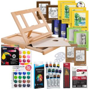 us art supply 136-piece deluxe watercolor painting & sketch drawing set with wood drawer table easel - colored pencils, watercolor paint, sketchbook, drawing paper pads, brushes, pallete