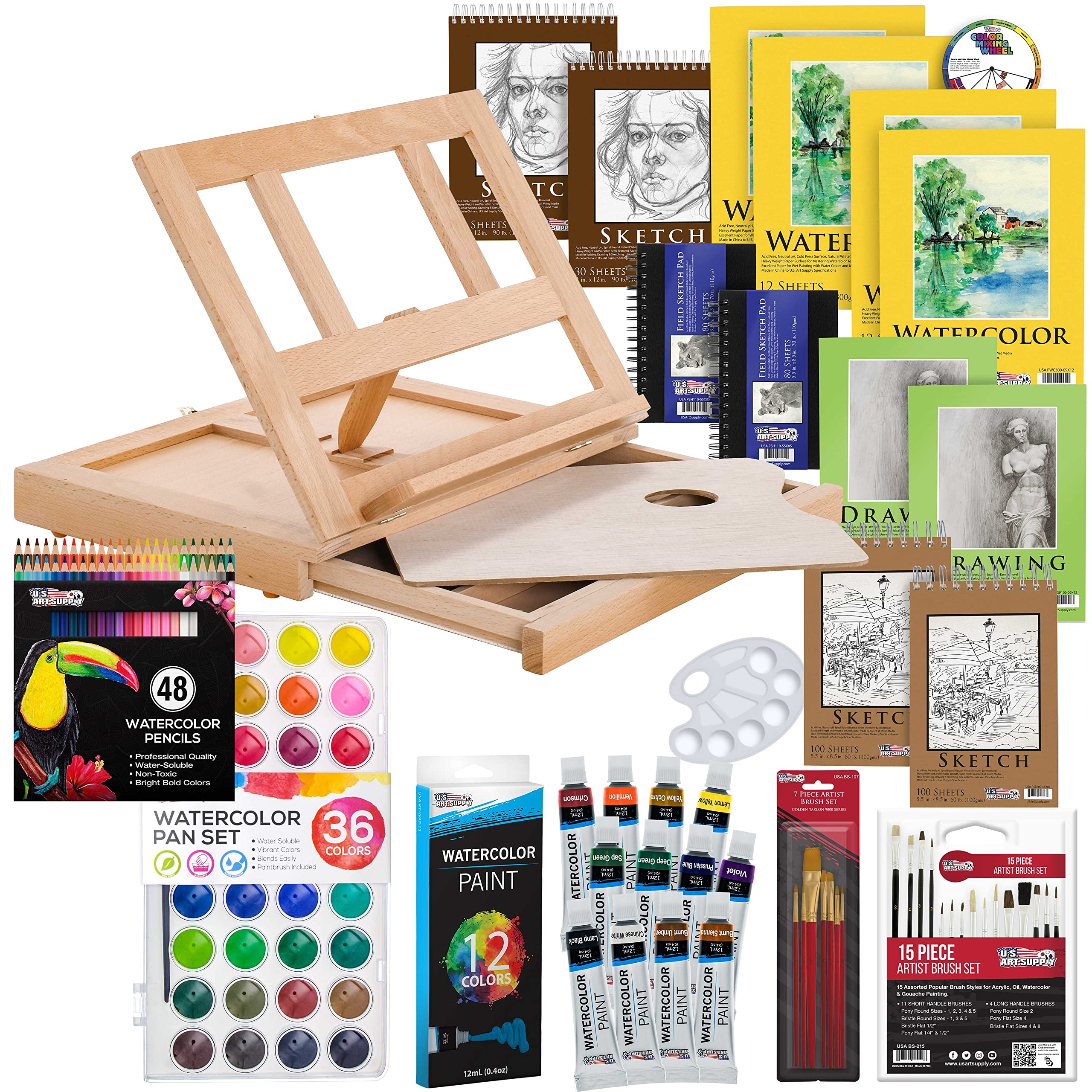 US Art Supply 136-Piece Deluxe Watercolor Painting & Sketch Drawing Set with Wood Drawer Table Easel - Colored Pencils, Watercolor Paint, Sketchbook, Drawing Paper Pads, Brushes, Pallete