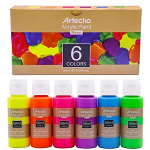 artecho neon paint - set of 6 colors, 59 ml / 2 oz acrylic paint for decoration, art painting, outdoor and indoor art craft, supplies for canvas, rock, wood, fabric, waterproof rich pigments