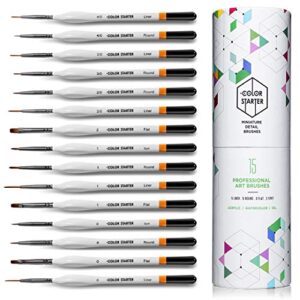 color starter miniature paint brushes detail set-15 pc fine detail paint brush kit with ergonomic handle for scale modeling, watercolor, acrylic, paint by number, oil, craft, hobby, and rock painting