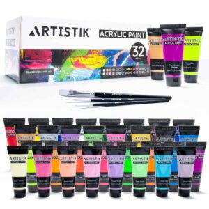 artistik acrylic paint tube set of 32-22ml paint tubes with 3 brushes for adults, kids and artists - non-toxic artist quality paints for canvas painting, wood crafts, ceramic and art supplies