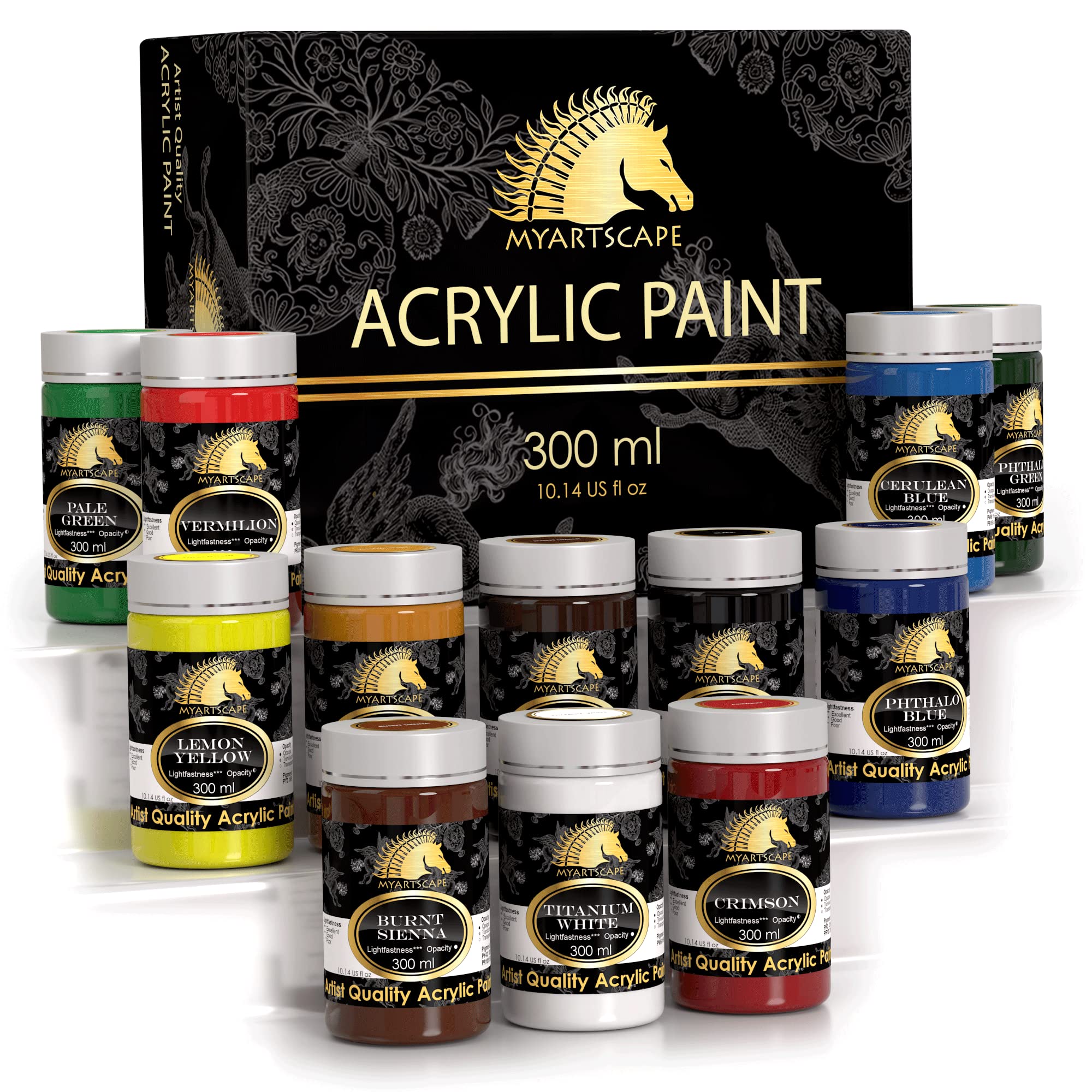 MyArtscape Acrylic Paint Set - 12 x 300ml Bottles - Lightfast - Heavy Body - Rich Pigments - Artist Quality Painting Supplies - Professional Grade Paints