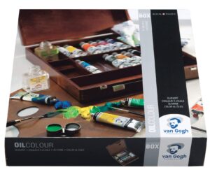 van gogh oil color paint, 14x40ml tubes + accessories, wooden box inspiration set