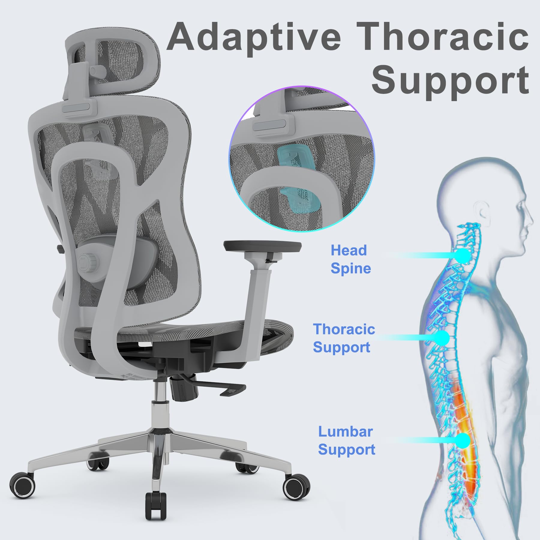 Logicfox Ergonomic Mesh Office Chair, High Back Desk Chair with 3D Armrests, Adaptive Thoracic Support, 3D Lumbar Support & Adjustable Headrest, Home Swivel Computer Chair with Tilt Function