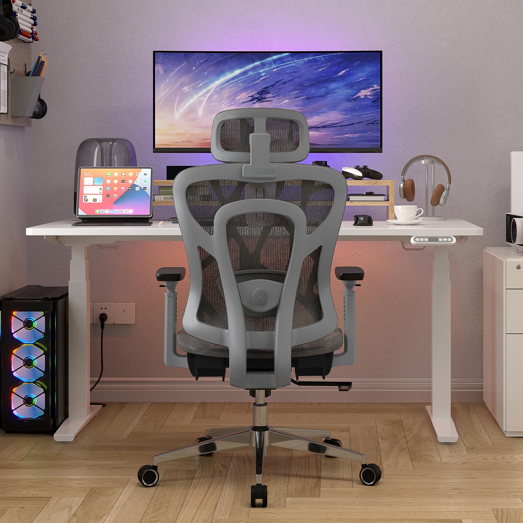 Logicfox Ergonomic Mesh Office Chair, High Back Desk Chair with 3D Armrests, Adaptive Thoracic Support, 3D Lumbar Support & Adjustable Headrest, Home Swivel Computer Chair with Tilt Function