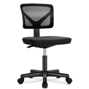 dumos armless desk wheels cute home office arms, ergonomic adjustable swivel rolling task, comfy mesh mid back computer work vanity chair for small spaces, classic black