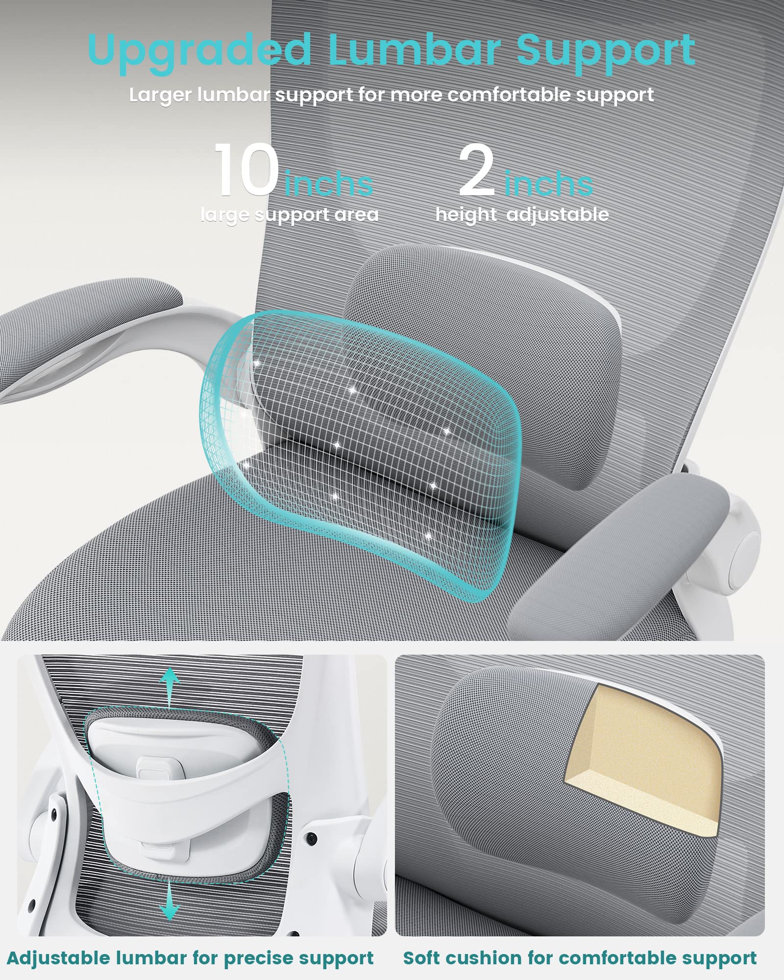 MUXX.STIL Office Chair, Ergonomic Desk Chair with Adjustable Lumbar Support and Flip up Armrest, Breathable Mesh Computer Chair for Home Office, Gray