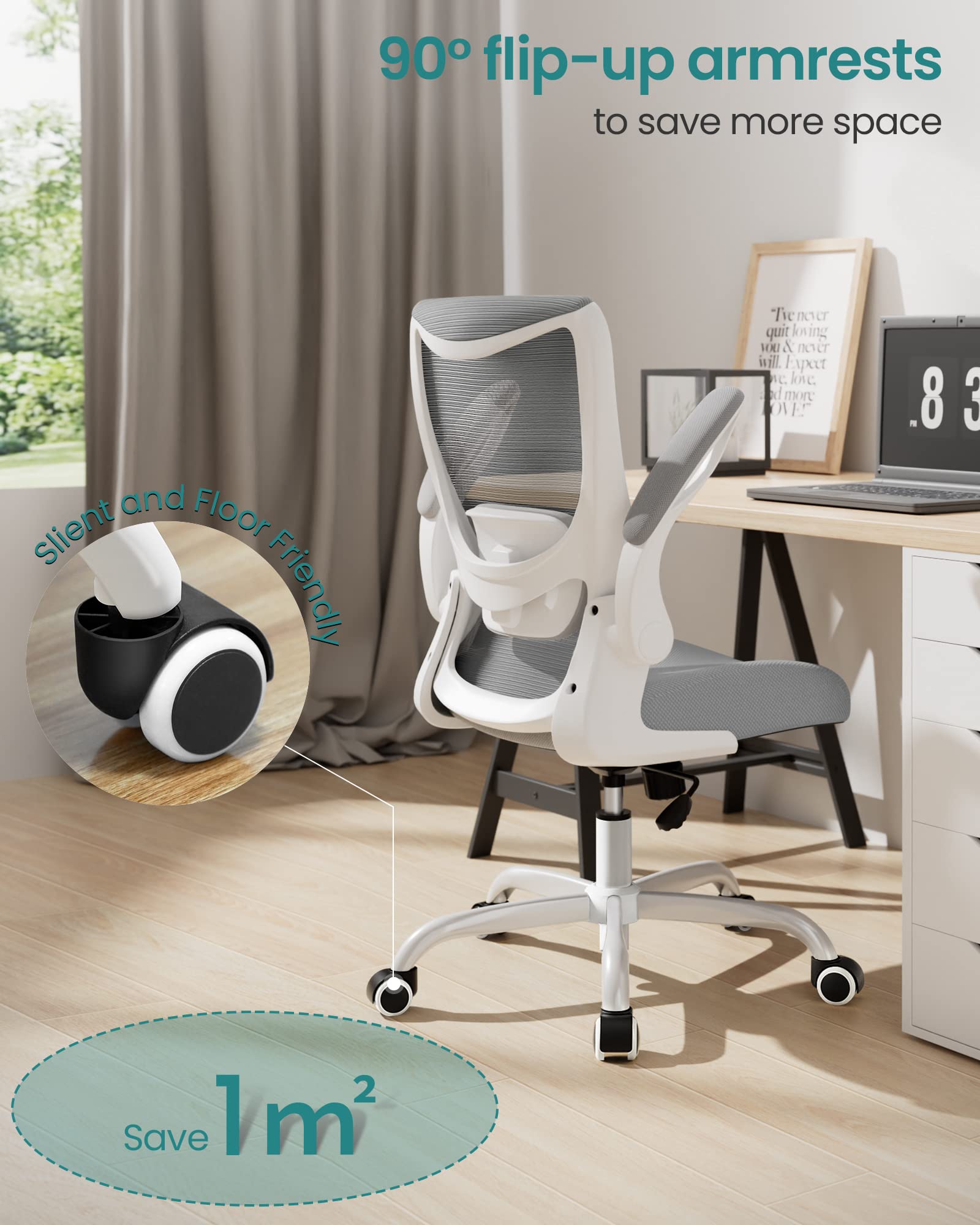 MUXX.STIL Office Chair, Ergonomic Desk Chair with Adjustable Lumbar Support and Flip up Armrest, Breathable Mesh Computer Chair for Home Office, Gray